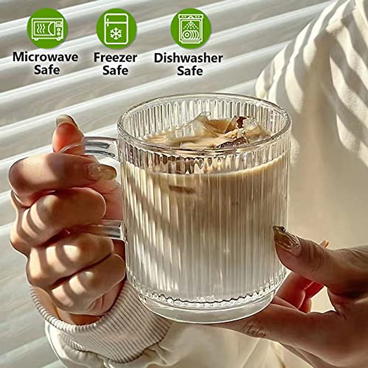 Qipecedm 6 PACK Premium Glass Coffee Mugs with Handle, 12 OZ Classic Vertical Stripes Glass Coffee Cups, Transparent Tea Cup for Hot/Cold Beverages, Glassware Set for Americano, Latte, Cappuccino