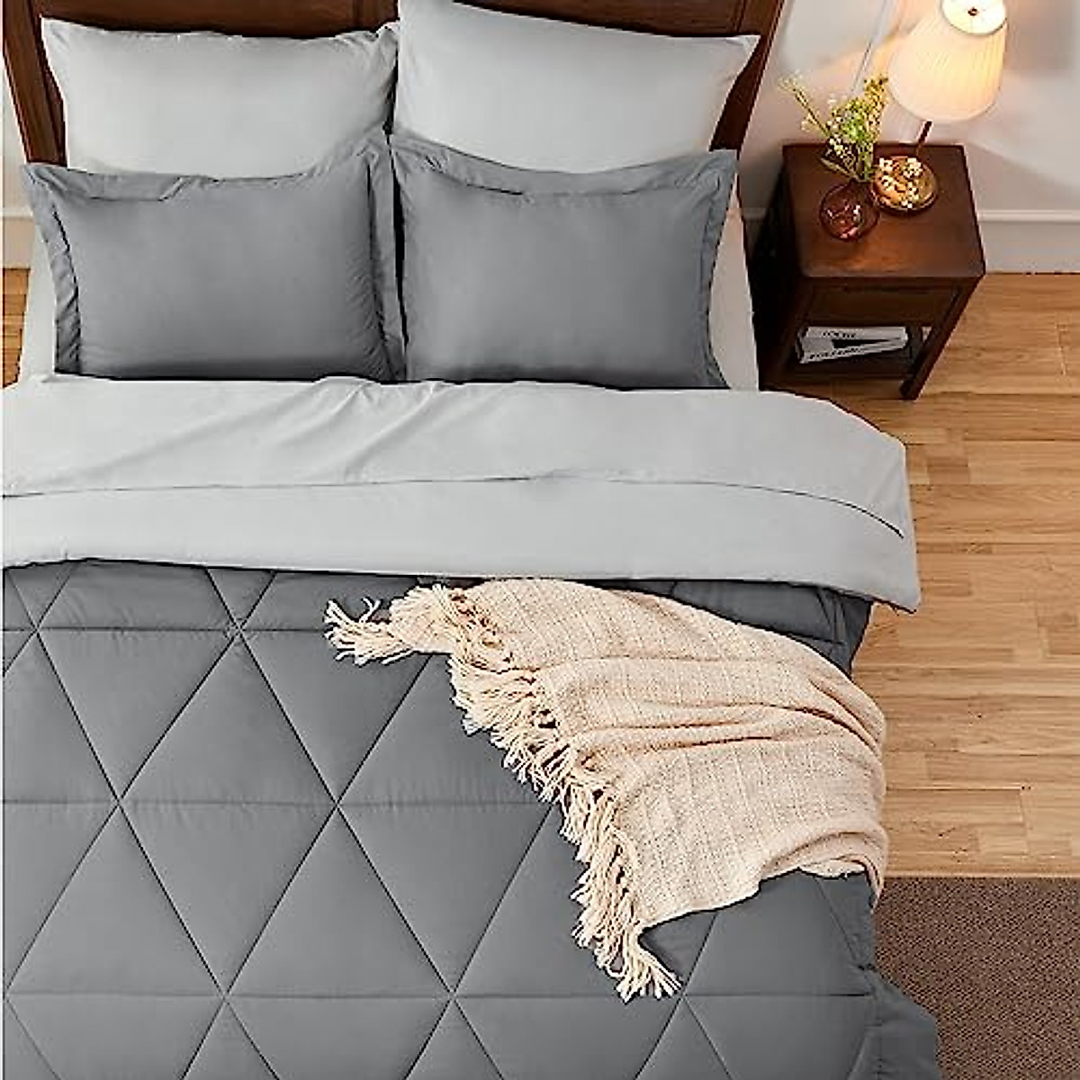 BEDELITE Twin XL Comforter Set 5 Pieces Bed in A Bag - Soft Microfiber Reversible Twin Extra Long Grey Bed Set with Comforters, Sheets, Pillowcase & Sham, Cozy Luxury Bedding Sets for All Season