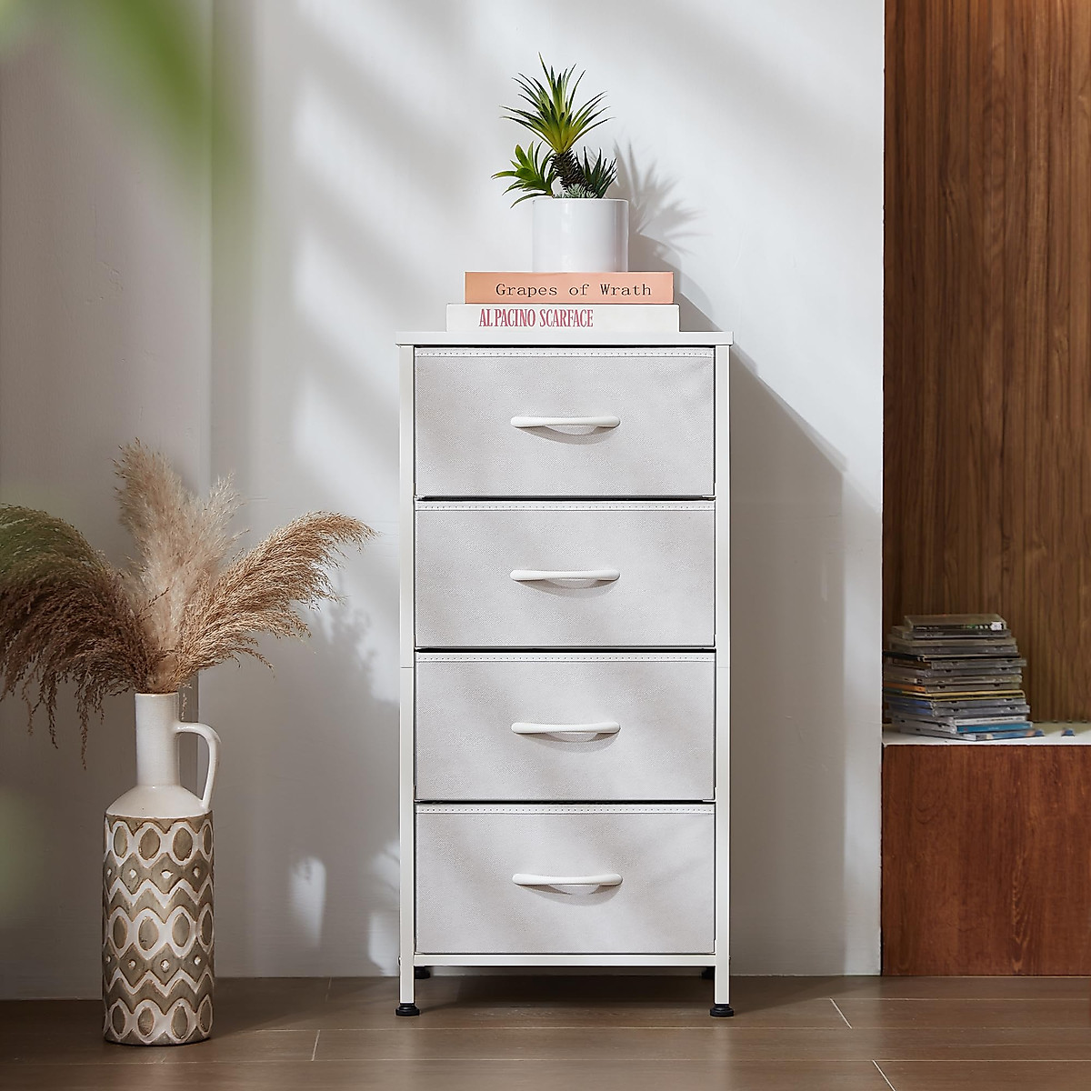 CHIC HOUSE 4-Drawer Dresser, Textile Storage Column, Bedroom, Hallway, Entryway, and Closet Organizing Unit, Durable Metal Structure, Wooden Surface, Simple Grip Handles, Dark Charcoal (White)