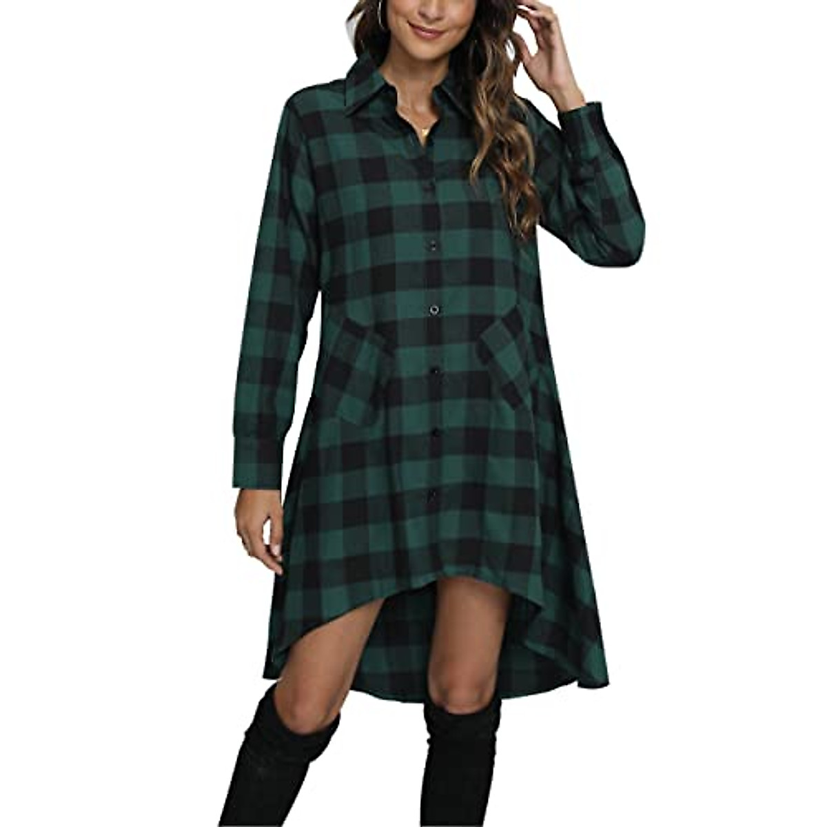 olrain Womens Plaids V Neck Long Sleeve Irregular Hem Casual Shirt Dress (Large, Green)