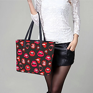 Mouth Red Sexy Lips Women's Tote Bag PU Leather Shoulder Bag Handbags Purse For Work Shopping Travel