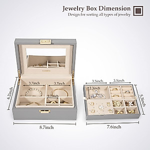 LANDICI Jewelry Organizer Box for Women Teen Girls,Large Jewelry Storage Case with Mirror,2 Layer Removable Stackable Tray,Leather Jewellery Display Holder for Ring Necklace Earring Bracelets,Grey