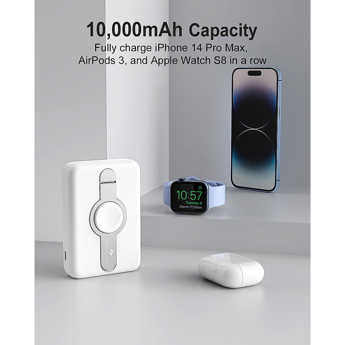 ZEROLEMON Magnetic Portable Charger, MagJuice+ 10000mAh Wireless Battery Pack with Stand, Compatible with MagSafe, 20W Power Bank for iPhone 15 Pro Max/12/13/14 Series, Apple Watch, AirPods - White