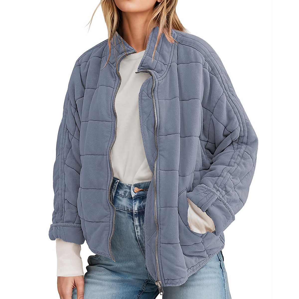 ETCYY Women's Causal Lightweight Quilted Jackets Long Sleeve Oversized Warm Winter Zip Up Coat with Pockets
