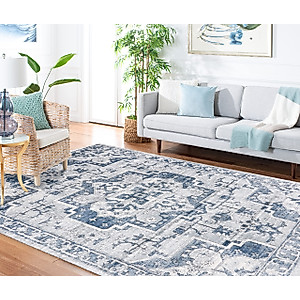 MARTHA STEWART x SAFAVIEH 9' x 12' Navy/Ivory MSR883N Denver Traditional Medallion Non-Shedding Area Rug