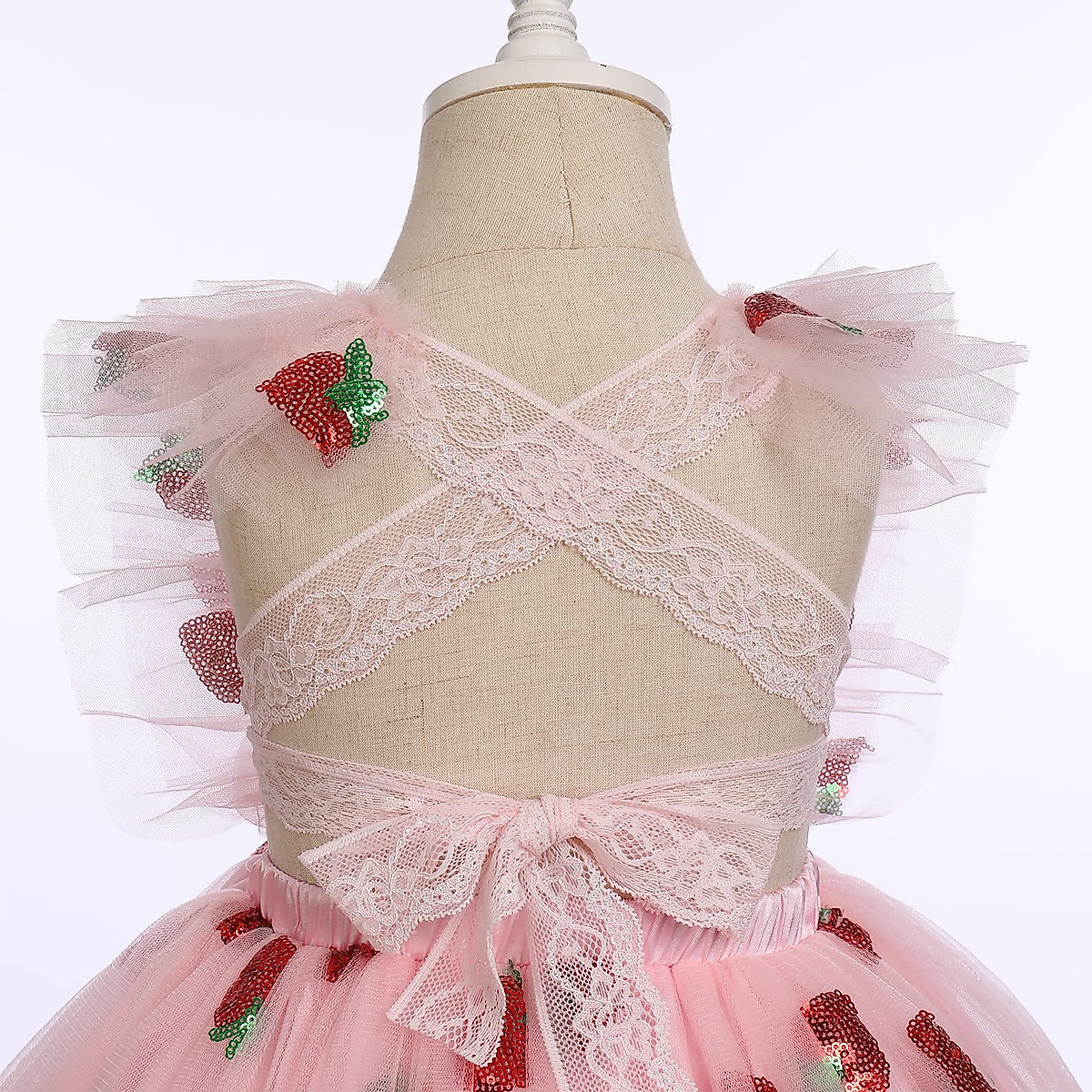 Baby Girls Sequin Strawberry Tutu Dress Summer Sleeveless Lace Princess Birthday Party Dresses Toddler Girl Communion Pageant Flower Bow Sundress with Headband Outfit Pink Strawberry 3-6 Months