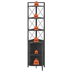 MIERES 5-Tier Standing Corner Shelf with Storage, Tall Ladder Corner Cabinet Bookshelf Bookcase with Door and Shelves, Rustic Display Plant Stand for Living Room, Bedroom, Home Office, Kitchen, Grey