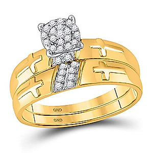 Solid 10k Yellow Gold His and Hers Round Diamond Cross Matching Couple Three Rings Bridal Engagement Ring Wedding Bands Set 1/4 Ct. - (L = 5.5, M = 8.5)