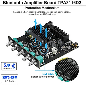 MakerHawk Bluetooth Amplifier Board HiFi Stereo 2.1 TPA3116D2 2X50W+100W 12V-24V Audio Power Amplifier Module Bass and Treble Control for Store Home Theater Speakers (ZK-TB21)