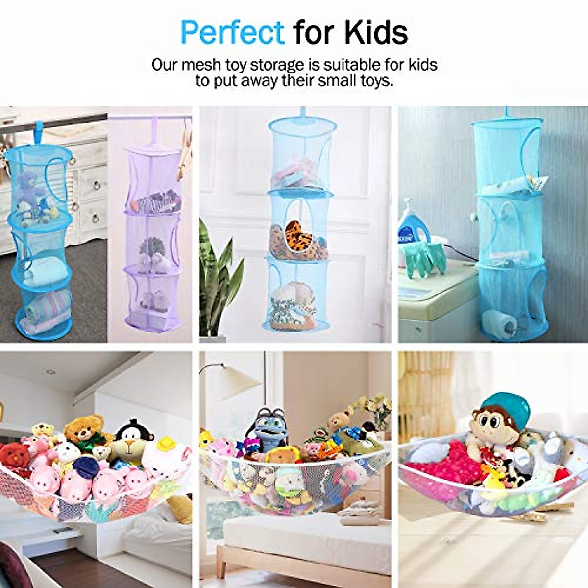 2 Pcs Hanging Mesh Storage Basket with 1 Stuffed Animals Toy Net Hammock, Hommtina Foldable Corner Organizer 3 Tier, Neatly Organize Kid’s Plush Toys and Save Space (Blue+Purple)