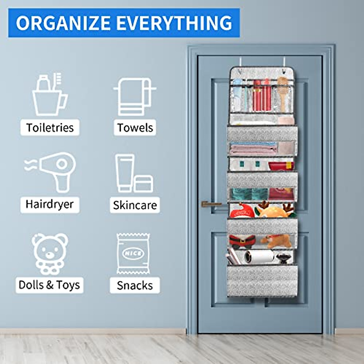 WTY Over The Door Organizer,5-Shelf Over Door Hanging Organizer with 4 Large Pocket,3 PVC Pockets and 2 Metal Hooks, Foldable Wall Mount Fabric Storage for Pantry Nursery Bathroom Closet 50x16x5 inch