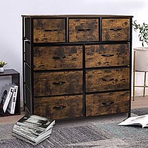 CERBIOR Wide Drawer Dresser Storage Organizer 9-Drawer Closet Shelves, Sturdy Steel Frame Marbling Wood Top with Easy Pull Fabric Bins for Clothing, Blankets (9-Rustic Brown Drawers)