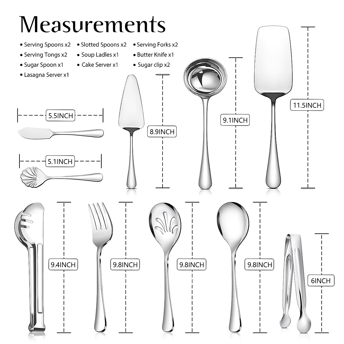 Teivio 15PCS Stainless Steel Large Serving Utensils - Serving Spoons/Forks/Tongs,Slotted Spoons,Soup Ladles,Butter Knife,Sugar Spoon,Cake Server,Lasagna Server(Spatula),for Buffet/Chafing Dish,Silver