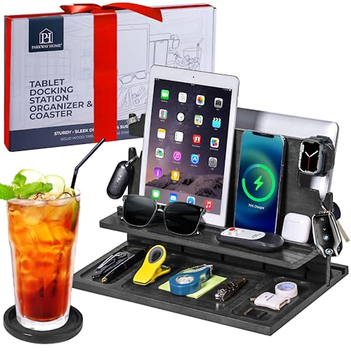 Black Extra Large Wood Phone Docking Station - Nightstand Organizer for Men & Women, iPad Stand For Desk, Tablet Stand Holder, Apple Watch Compatible, Holds Phones, Tablets, Keys, Glasses, EDC & more