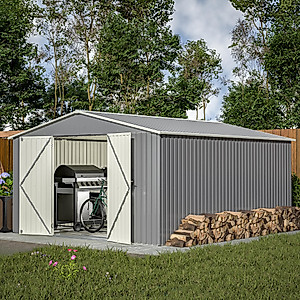 11' x 13' Outdoor Metal Storage Shed with Floor Frame Base, Galvanized Steel Garden Shed with 4 Vents, Tool Storage Shed for Backyard, Patio, Lawn
