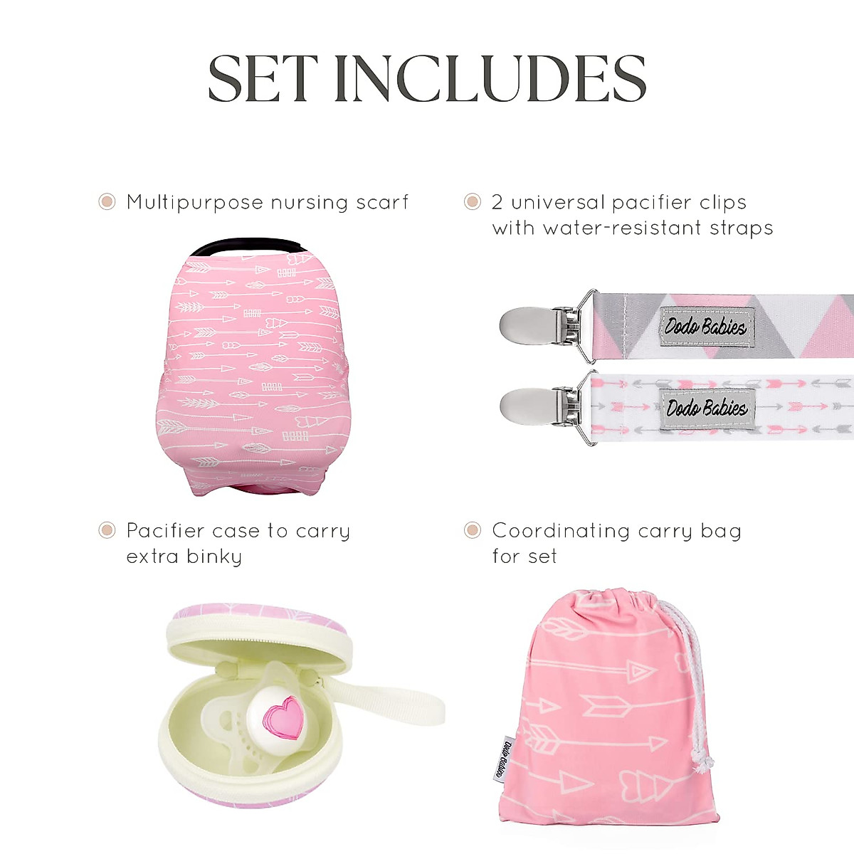 Dodo Babies Nursing Cover Set – Soft, Multipurpose Stretch Scarf for Breastfeeding and Car Seat Cover, Two Universal Pacifier Holders, Binky Case, Storage Bag – Playful Pink Print for Baby Girl