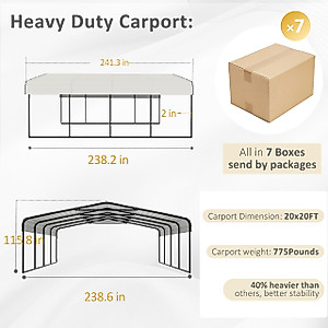 MUPATER Outdoor Carport, 20' x 20' Heavy Duty Canopy for Garage, Car Garage Shelter with Metal Roof and Frame for Car, White