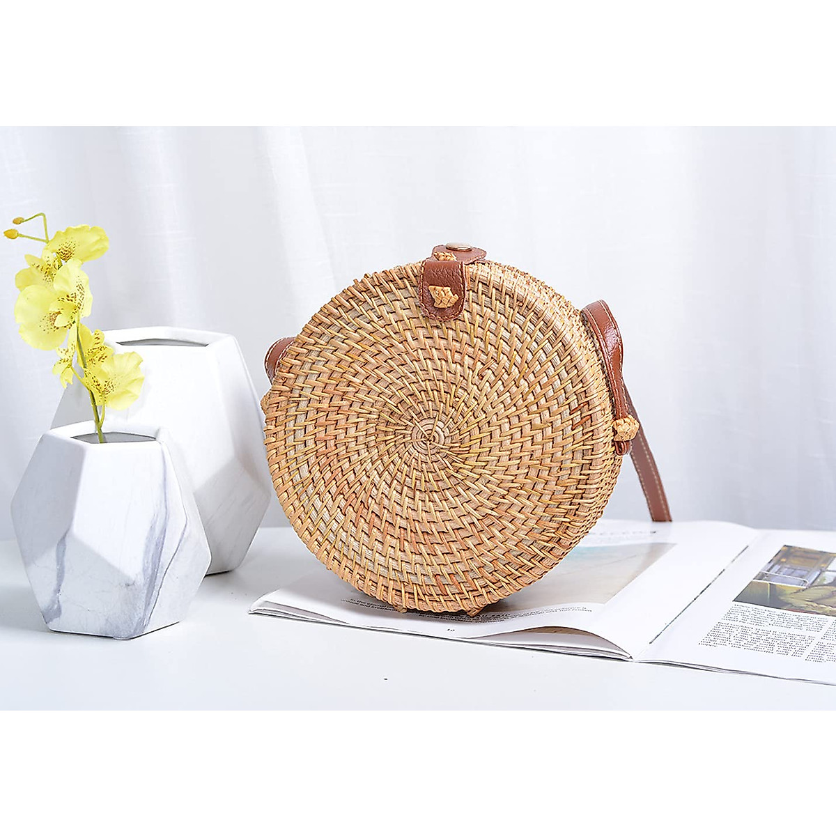 SHAREYOIU Handwoven Round Rattan Bag Shoulders Natural Chic Hand Tropical Beach Style Woven with Leather Strap (Pure, 7 x 3.2 inches)