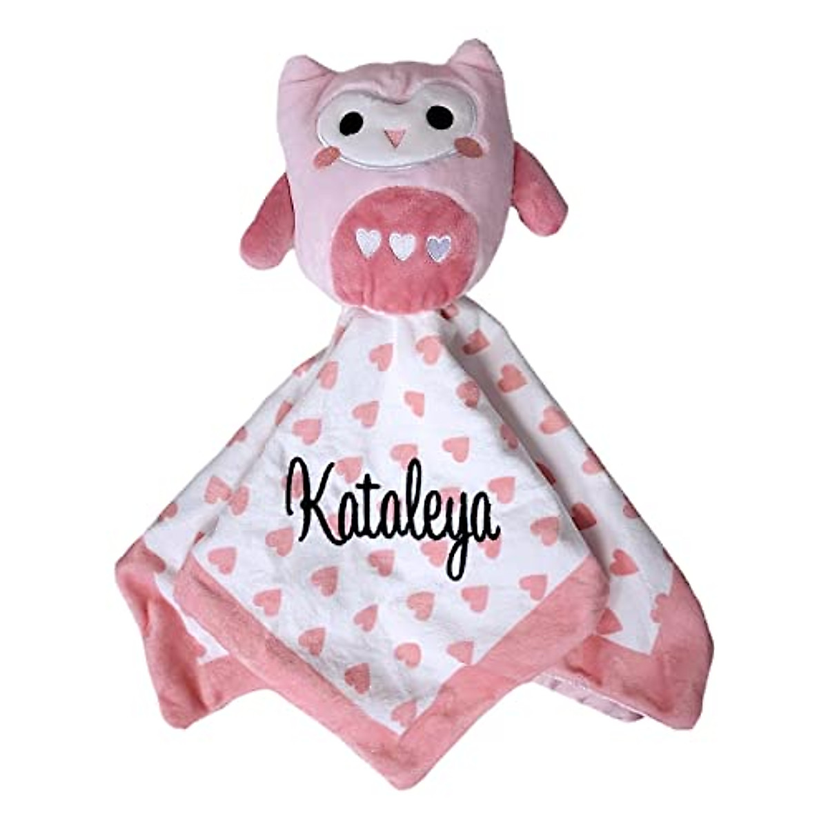SONA G DESIGNS Baby Lovey Custom Personalized with Name Plush Security Blanket - Narwhale - Elephant - Owl for Infants Babies Toddlers Newborns (Pink Owl with Embroidered Name)