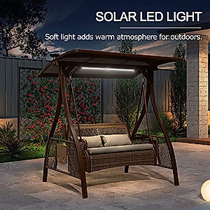 PURPLE LEAF Patio Porch Swing Chair with Canopy 2 Person Hand-Woven Wicker Outside Glider w/Solar LED Light and Cushions for Backyard Loveseat Bench Outdoor Hamock Swinging Chairs