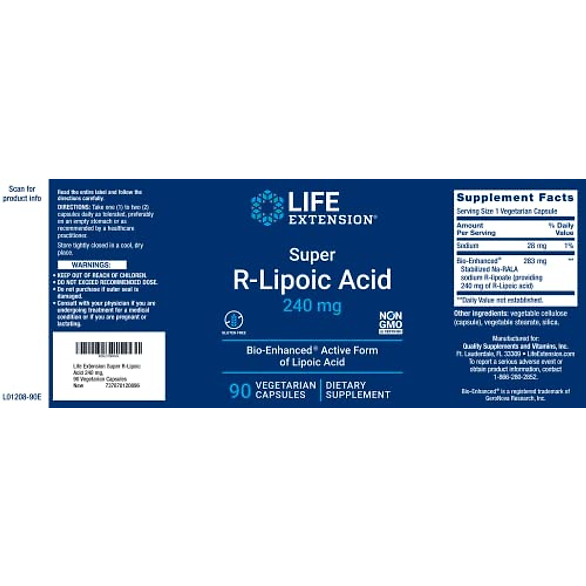 Life Extension Super R Lipoic Acid 240mg, 90 Capsules, Vegetarian