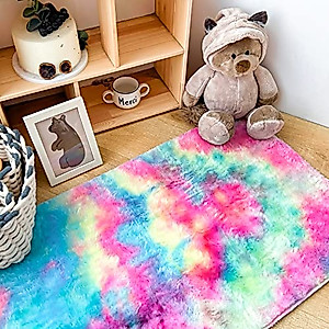 NEWCOSPLAY Faux Fur Area Rug Rainbow Tie Dye Carpet Playing Mat for Girls Bedroom Living Room Home Décor (4' x 5.3', Dark Rainbow)