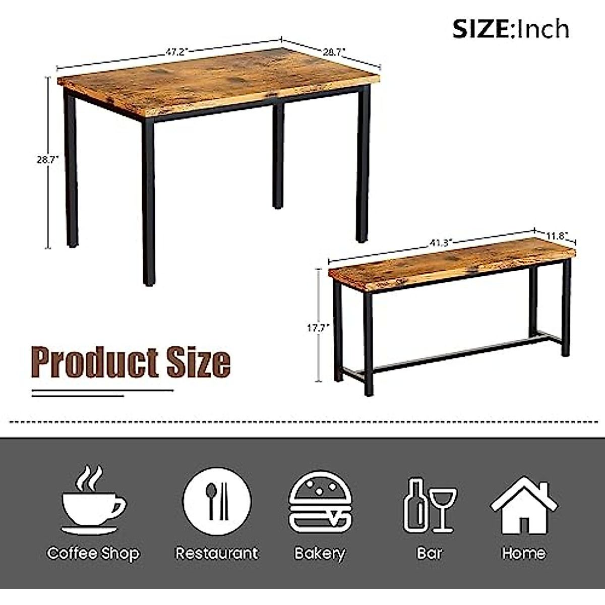 Hooseng Kitchen Table Set with Two Benches, Dining Table Set for 4-6 Persons, Space-Saving 47 Inch Small Kitchen Table Set for Breakfast Nook, Living Room, Apartment, Restaurant, Rustic Brown