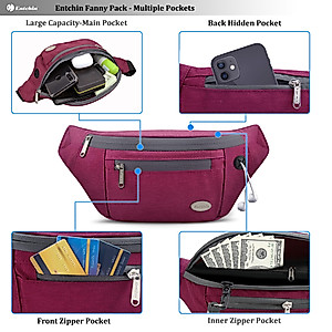 Entchin Fanny Pack for Women Men with 4-Zipper Pockets, premium fashion Waist Pack Crossbody Bum Bags for Hiking, Running, Travel, Cycling and Casual(Burgundy)