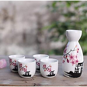 ABuff Japanese Sake Set, 1 Tokkuri Bottle & 4 Ochoko Cups, Spring Blossoms Ceramic Sake Set- Microwave and Dishwasher Safe