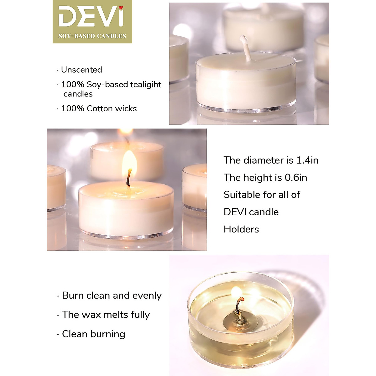 DEVI Soy Wax Tea Lights Candles 100 Pack Paraffin-Free, Soy Tealight Candles Bulk-4 Hours Long Burning, Unscented White Small Tea Candles-Burn Evenly, Candles for Woman, Wedding Baby Shower Favors