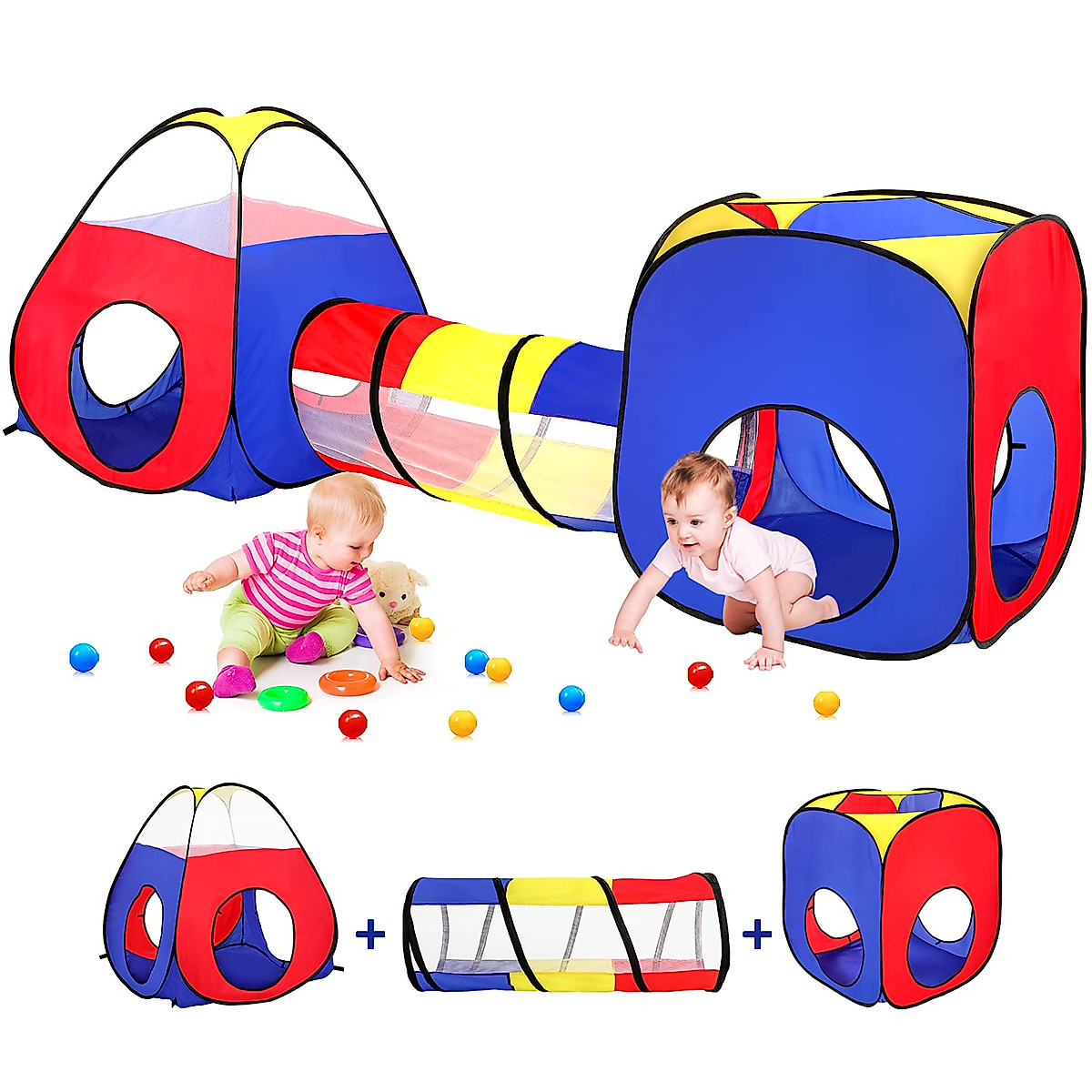 3 in 1 Kids Play Tent with Play Tunnels and Ball Pit, Pop Up Toddler Tent for Kids, Kids Toys for Boys and Girls Babies Children Indoor and Outdoor Playhouse, Gift Idea (Balls NOT Included)