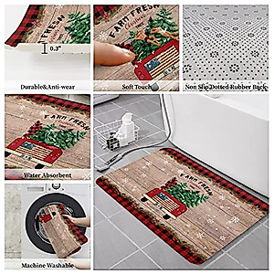 Kitchen Mat Rug Set of 2 Christmas Red Truck Xmas Tree Wood Grain Black Plaid Runner Rug Anti-Fatigue Comfort Memory Foam Standing Mat Non-Slip Floor Door Mat for Bathroom Bedroom 20x32in+20x63in