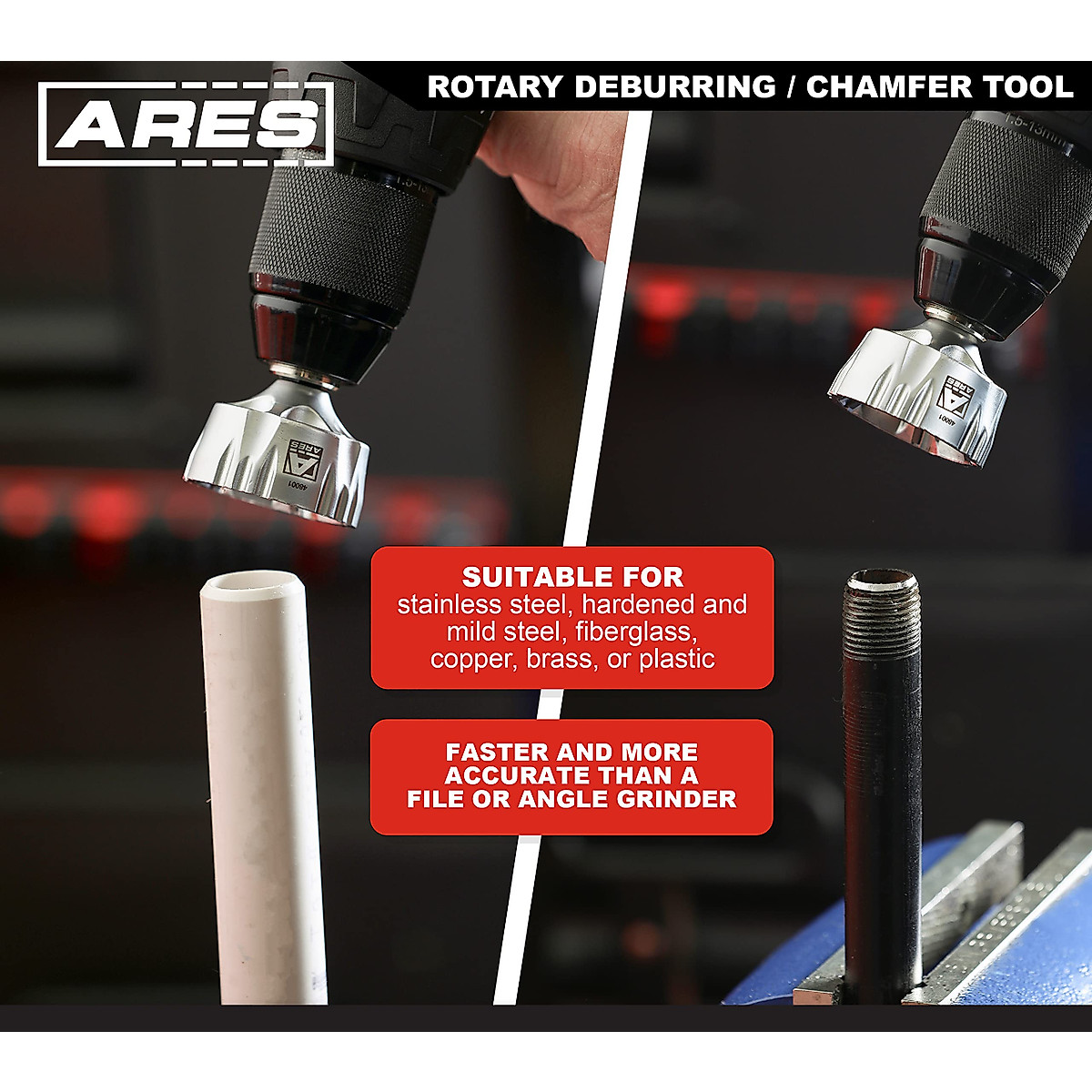 ARES 48001 – External Rotary Deburring & Chamfer Tool (13-36mm) – 3/8-Inch Shank for Use with Drill or Hex Driver - Clean and Repair Threaded Fasteners, Studs, and Bolts