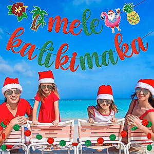 Mele Kalikimaka Banner Red Green Glitter, Hawaiian Christmas Banner, Summer Christmas Party Decorations, Hawaiian Tropical Theme Christmas Holiday Party Decorations Supplies