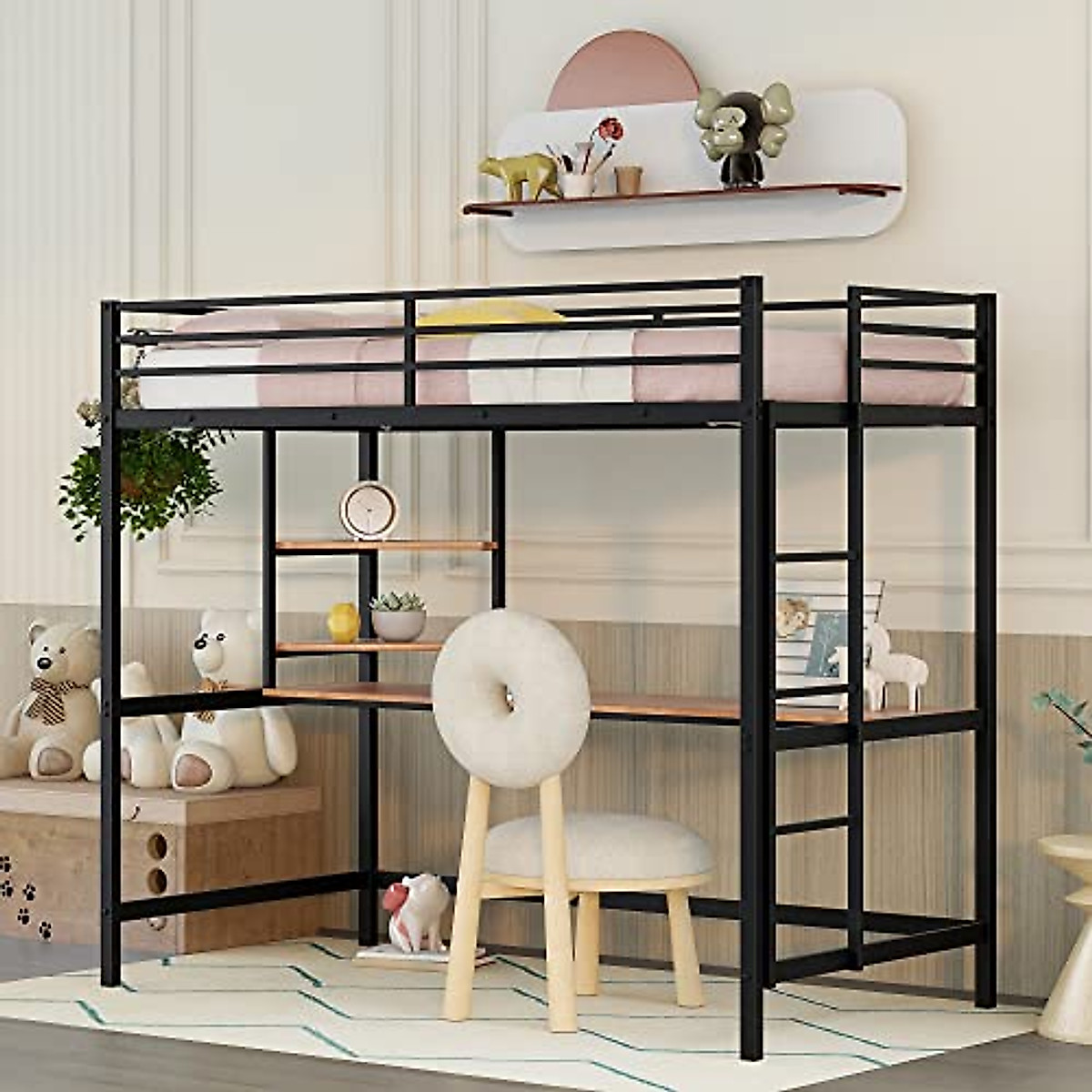 BOVZA Twin Size Metal Loft Bed with Desk and 2 Shelves, Space-Saving, Metal Bed Frame for Kids, Teens, Adults, Black