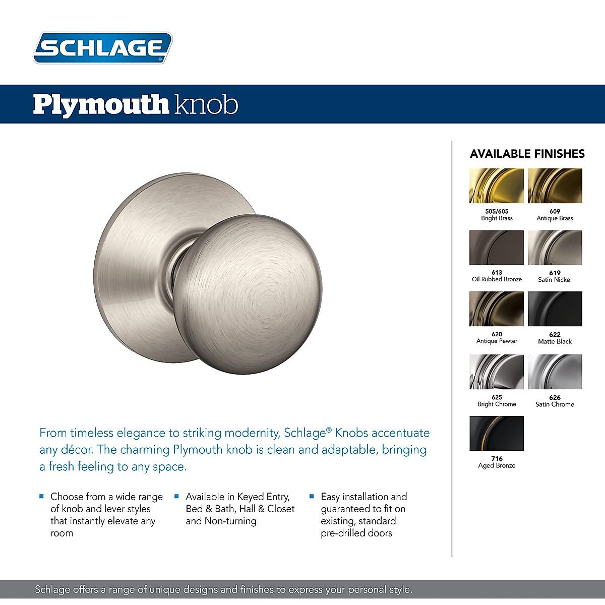Schlage F40 PLY 626 Plymouth Door Knob, Bed & Bath Privacy Lock, Satin Chrome