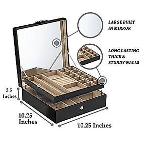 Glenor Co 28 Section Jewelry Box - 2 Layer - Buckle Snap & Magnet Closure - Large Mirror - Leather Design - Black - Jewelry Organizer for Women & Girls - Holder for Earring Ring Necklace & Bracelet