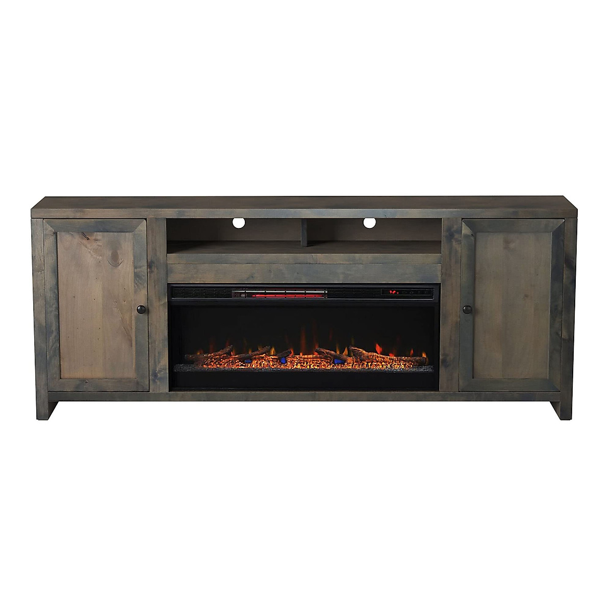 Bridgevine Home Rustic Joshua Creek Fireplace TV Stand Entertainment Center, Accommodates TVs up to 95 Inches, Fully Assembled Knotty Alder Solid Wood, 83 Inches, Barnwood Finish