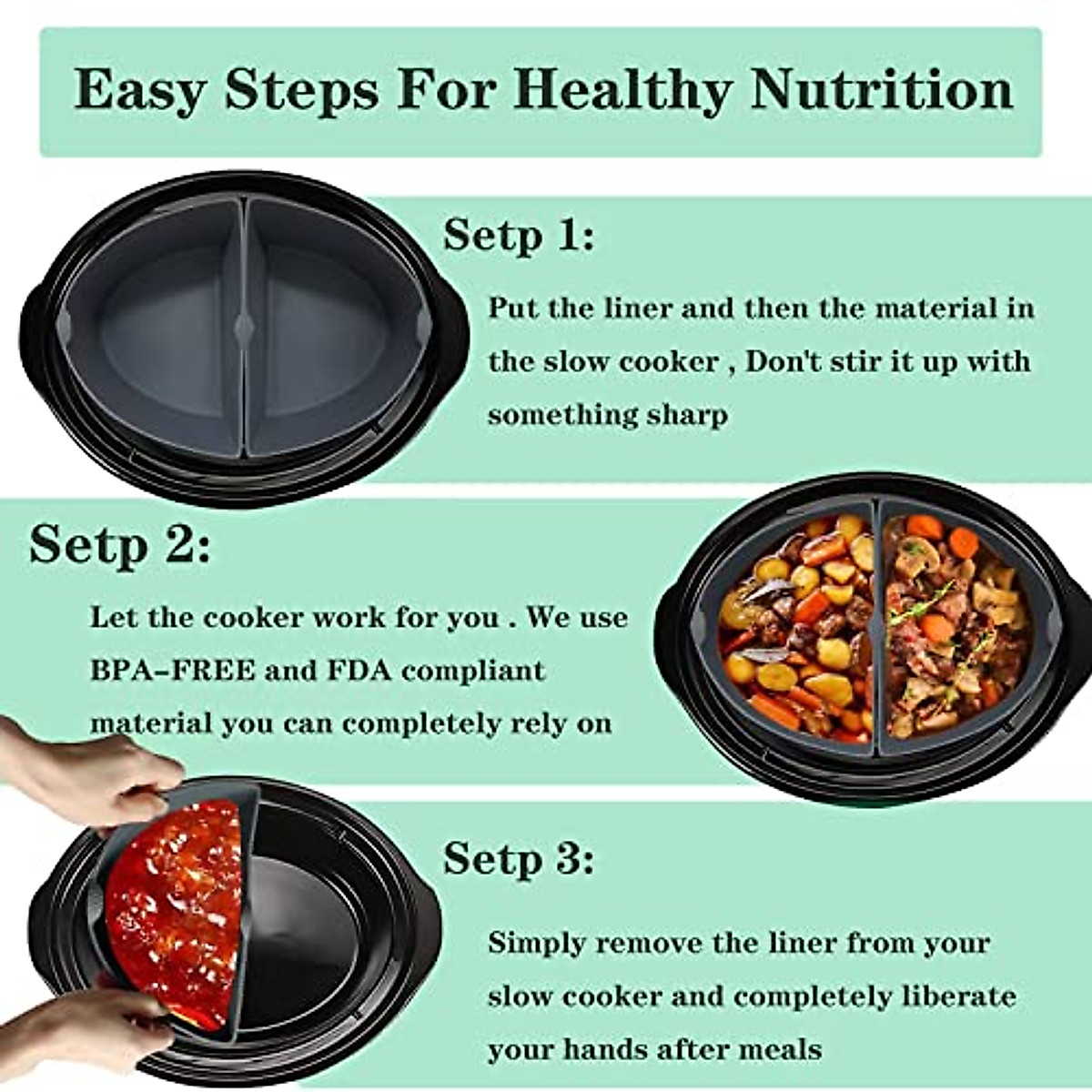 2 Pack Silicone Slow Cooker Liners Fit Crockpot 6-7 Quarts Oval Slow Cooker, Reusable Food Grade Silicone Slow Cooker Divider Liners,BPA Free,Easy Clean or Leakproof Dishwasher Safe Cooking Liner (Grey)