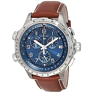 Hamilton Watch Khaki Aviation X-Wind GMT Swiss Chronograph Quartz Watch 46mm Case, Blue Dial, Brown Leather Strap (Model: H77922541)