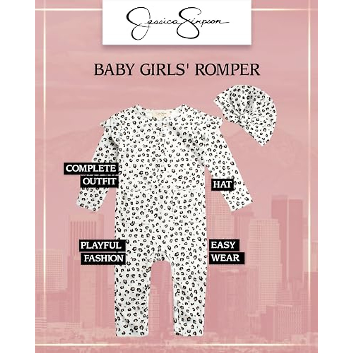 Jessica Simpson Baby Girls' Romper - Overall Jumpsuit with Hat or Headband - Long Sleeve Bodysuit for Newborns/Infants, 0-24M, Size 3-6 Months, Leopard
