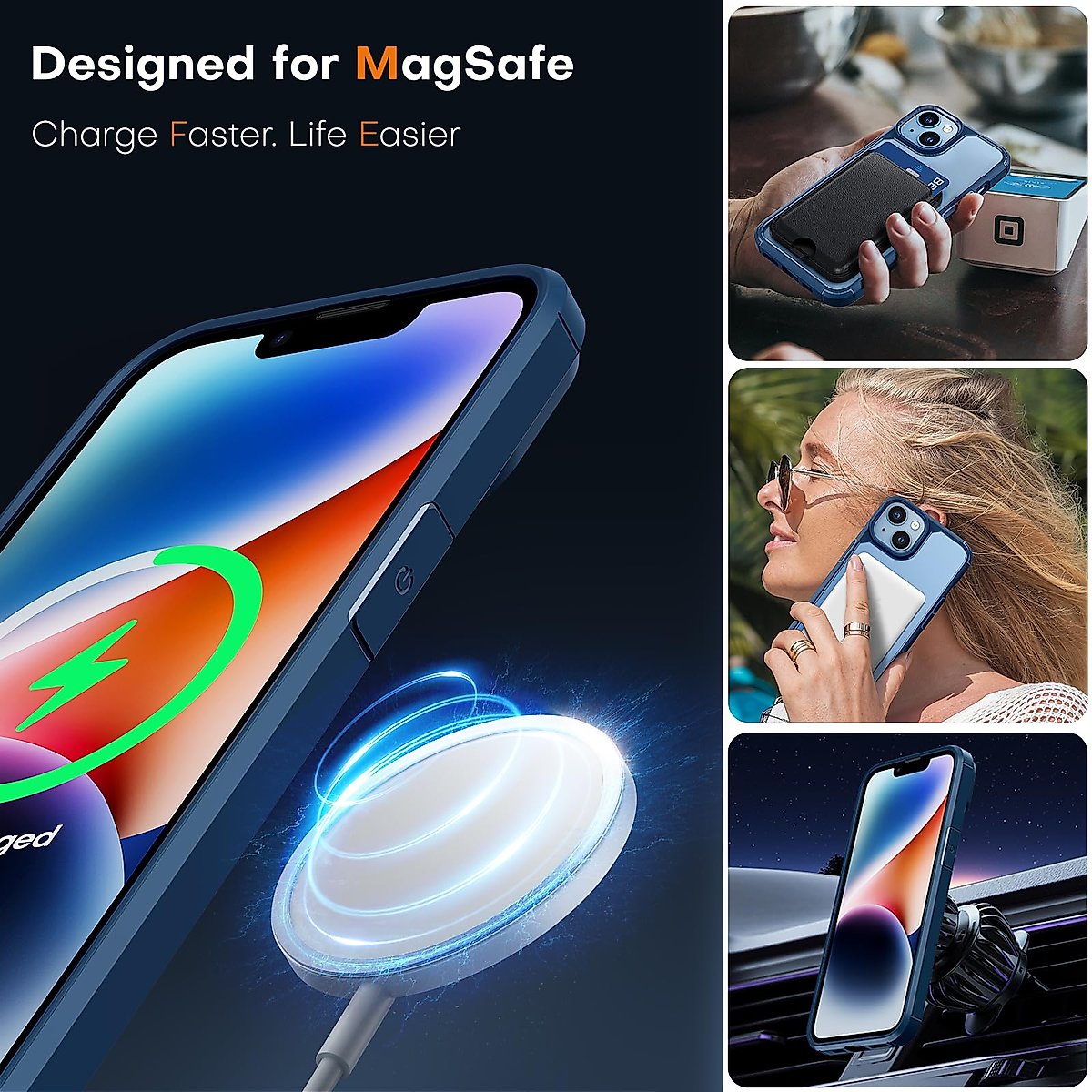TAURI 3-in-1 Magnetic Designed for iPhone 13 for iPhone 14 Case, [Compatible with MagSafe] with 2 Screen Protector, Shockproof Phone Case for iPhone 13/14, Blue
