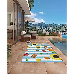 Outdoor Rug 5' x 8', Fall Pumpkin Sunflowers Large Area Rugs for Patio/RV/Deck/Porch/Indoors, Thanksgiving Harvest Blue Stripes Water Absorption Camping Rug Carpet, Lightweight Washable Rug Runners
