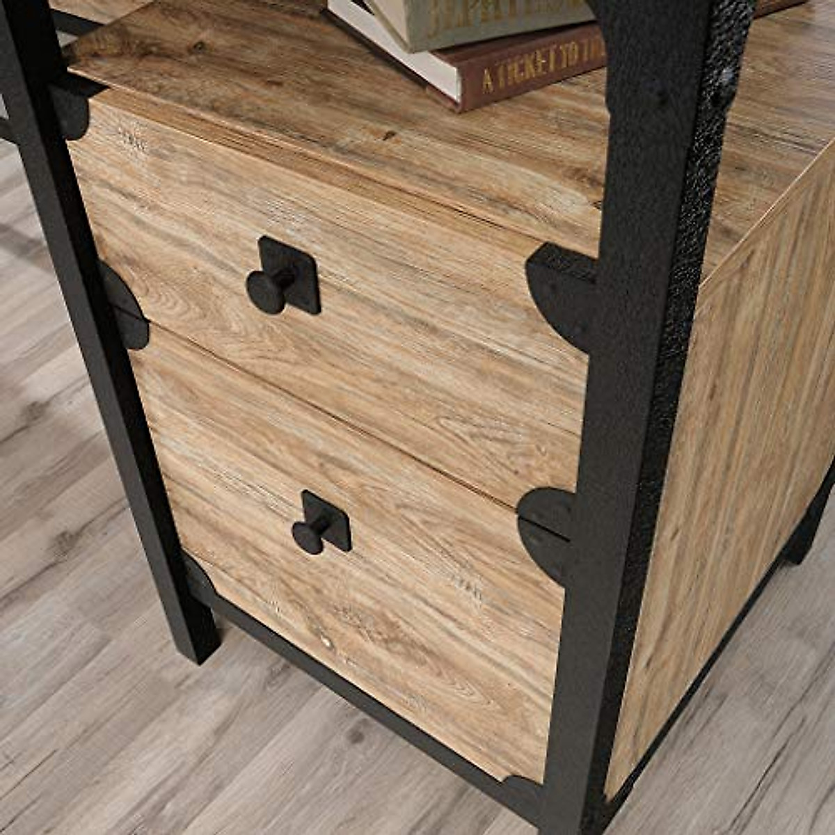 Sauder Steel River L-Shaped Desk, L: 59.84" x W: 57.32" x H: 29.53", Milled Mesquite Finish