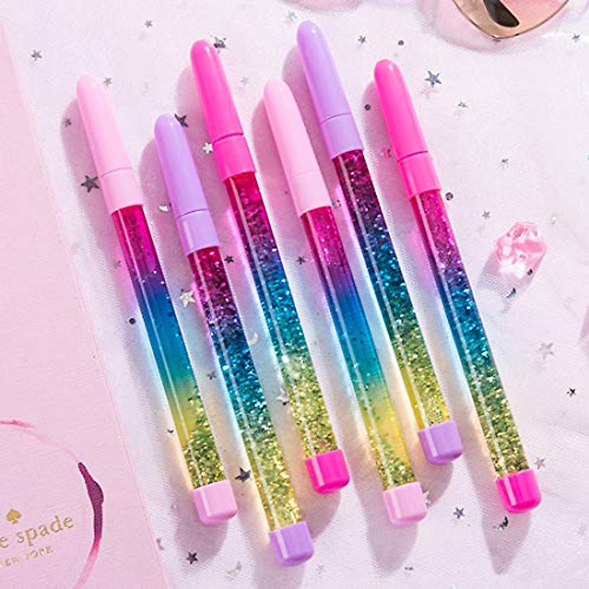 4 Pack Bling Rainbow Liquid Sand Gel Ink Pen Glitter Fairy Stick Ballpoint Pen Crystal Pens Rollerball Pens Student Pens for Kids Girls Gift Stationery School Office Supplies (Black Ink)