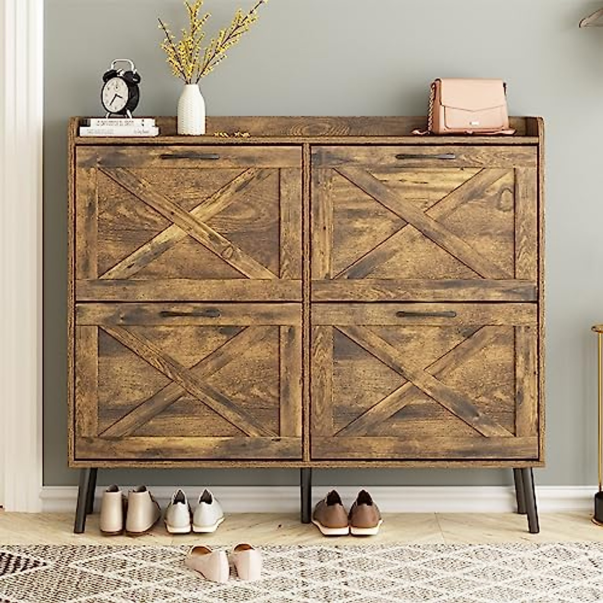 Maupvit Large Shoe Cabinet with 4 Flip Drawers, Freestanding Shoe Organizer with Metal Drawer Bracket for Entryway, Narrow Shoe Rack Cabinet, 5 Sturdy Legs, Rustic Brown