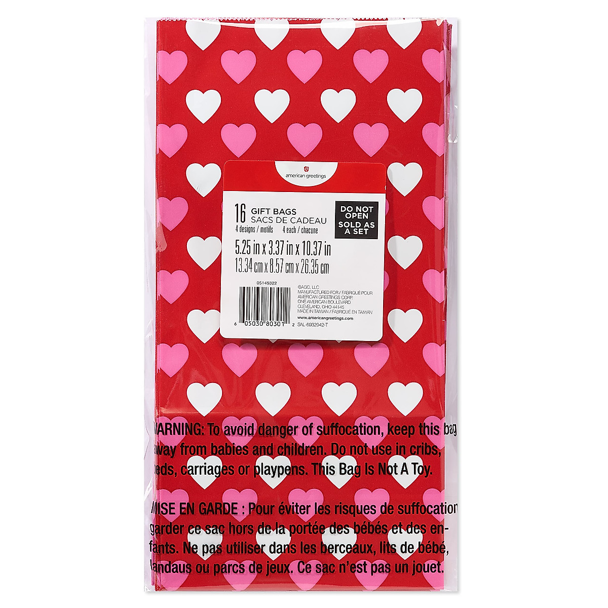 American Greetings 10.375" Valentine's Day Goodie Bags, Hearts and Stripes (16-Bags)
