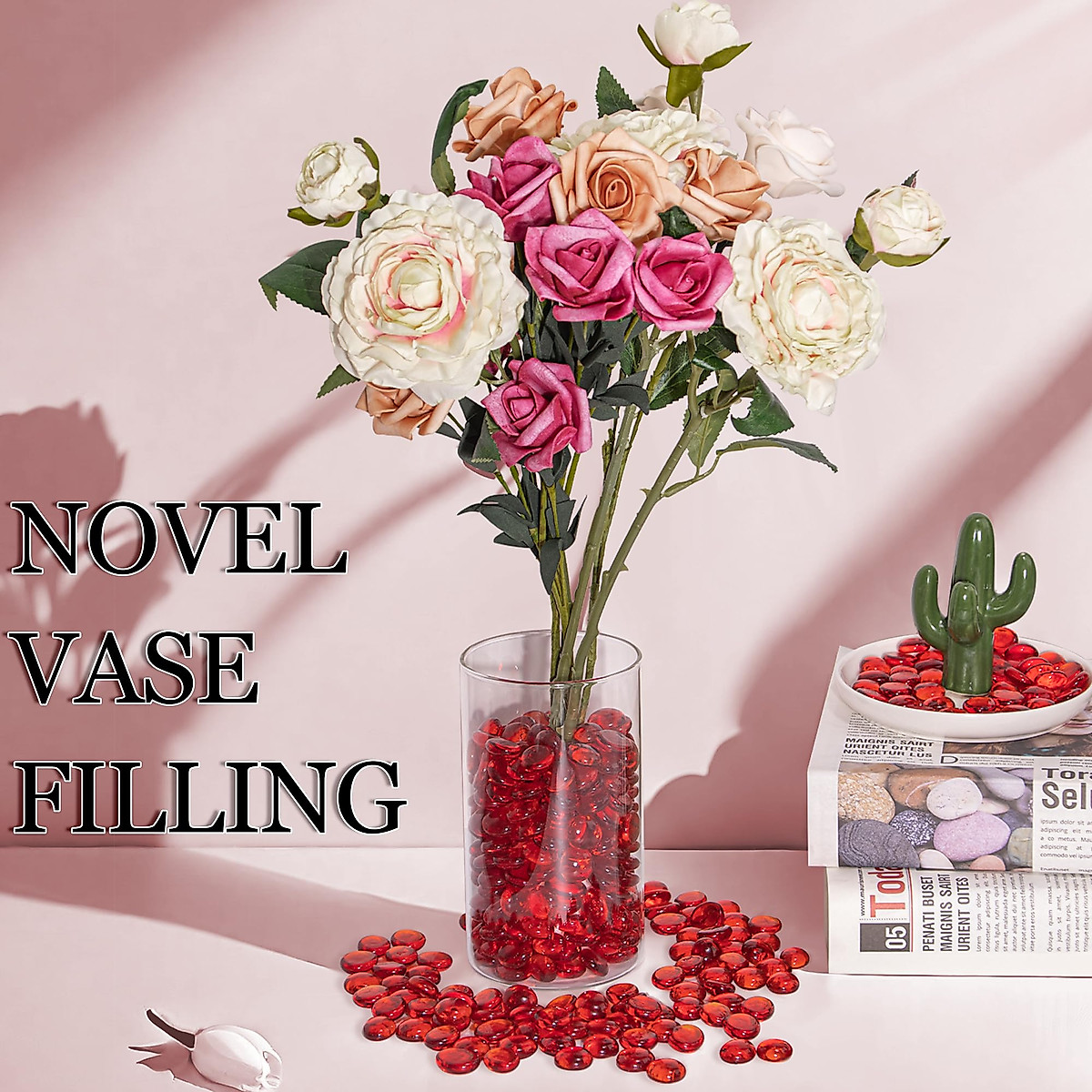 Meschett 50PCS Mini Glass Gems,Red Mancala Stones Flat Bottom Marble Beads for Home Decorative Art Craft Vase Filler(0.5"~0.7")