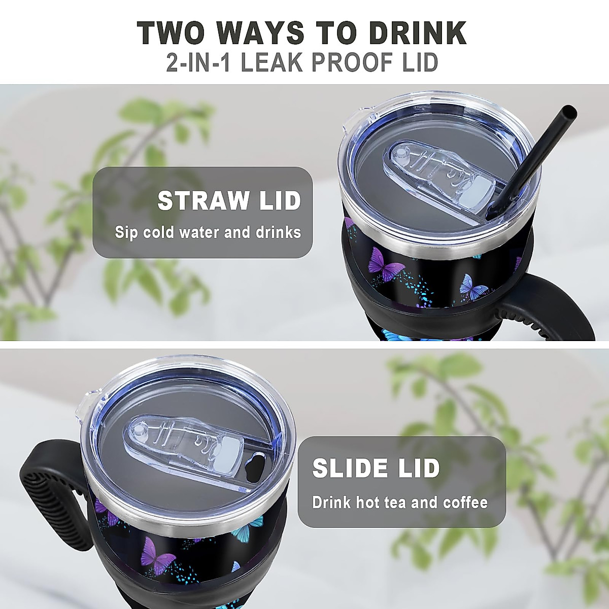 Exacmos 40 oz Tumbler with Handle and Straw 40 oz Butterfly Cup Insulated Stainless Steel Coffee Travel Mug Spill Proof Leak Proof Slim 40oz Tumbler with Handle Butterfly Decor Stuff Gifts for Women