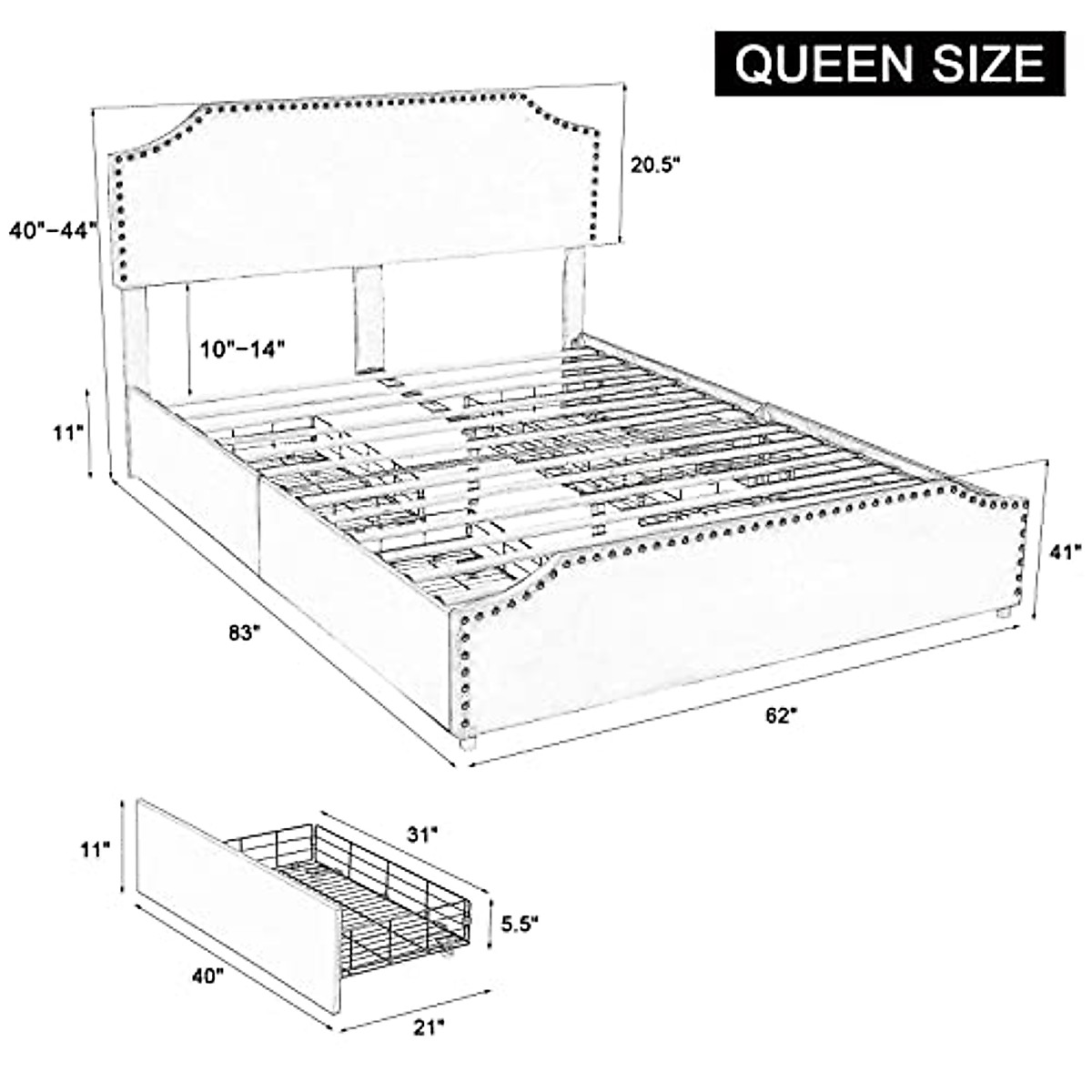 AMERLIFE Queen Size Bed Frame with 4 Storage Drawers and Headboard, Queen Velvet Upholstered Platform Bed with Rivet Curved Adjustable Headboard/Strong Wooden Slats/Easy Assembly/Grey